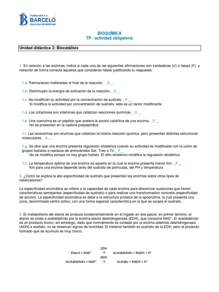 Biocatálisis: regulación enzimática y metabolismo del etanol | PDF ...