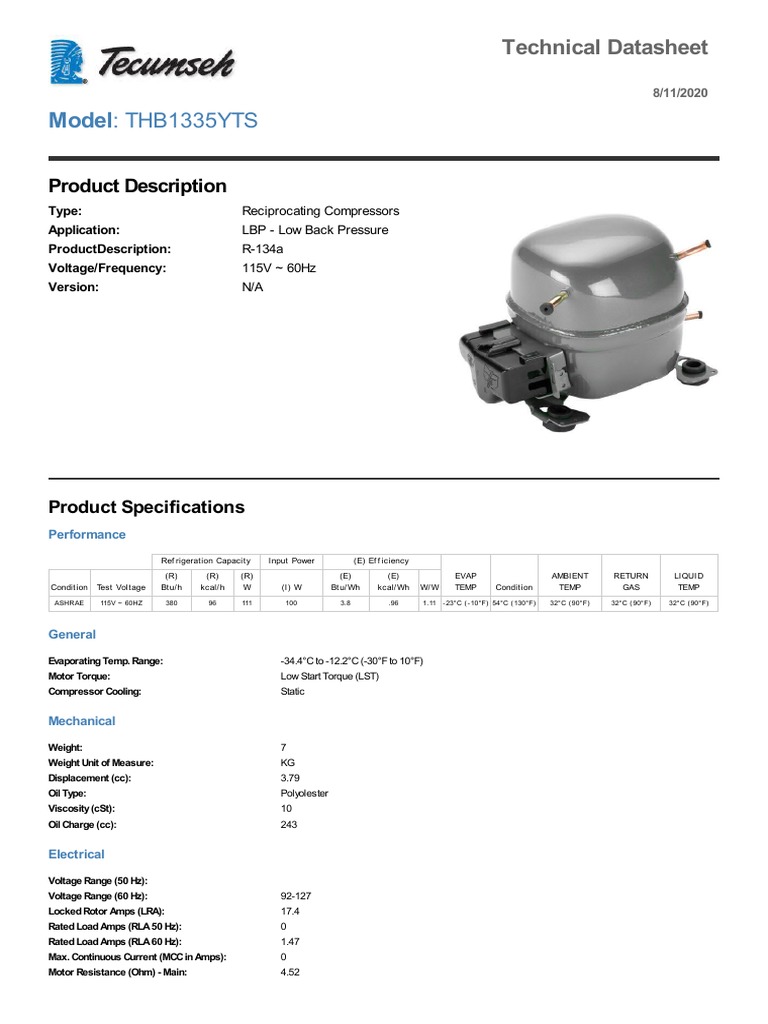 Ficha Tecnica Tecumseh THB1335YS | PDF