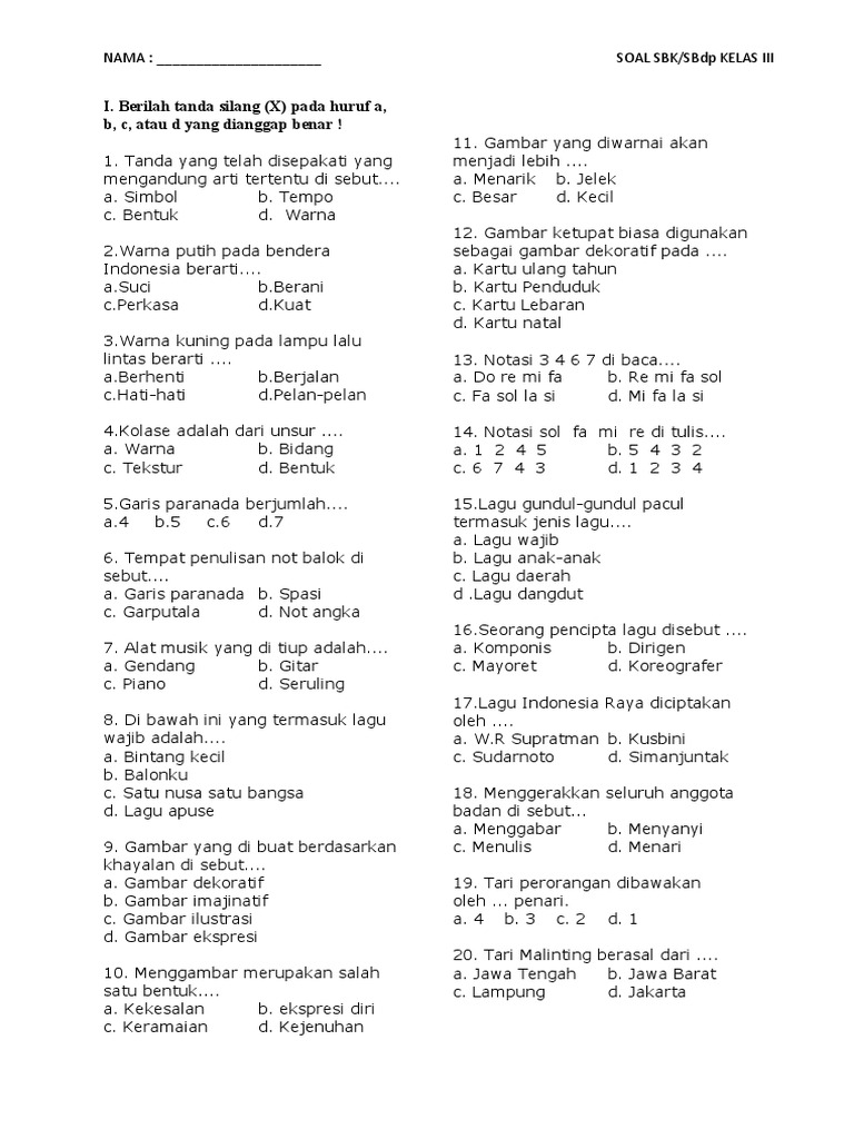 SOAL SBK SBDP KELAS 3 | PDF