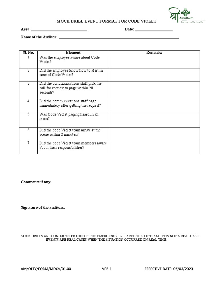 Code Violet Mock Drill Report Pdf