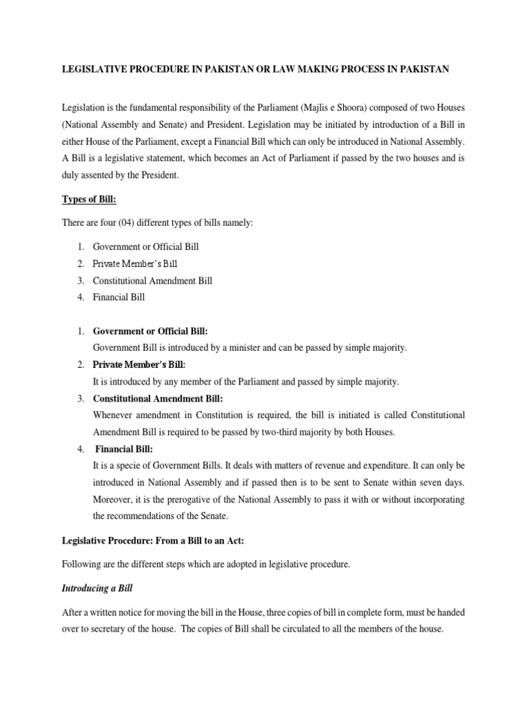 Law Making Process or Legislative Procedure in Pakistan | PDF | Bill ...