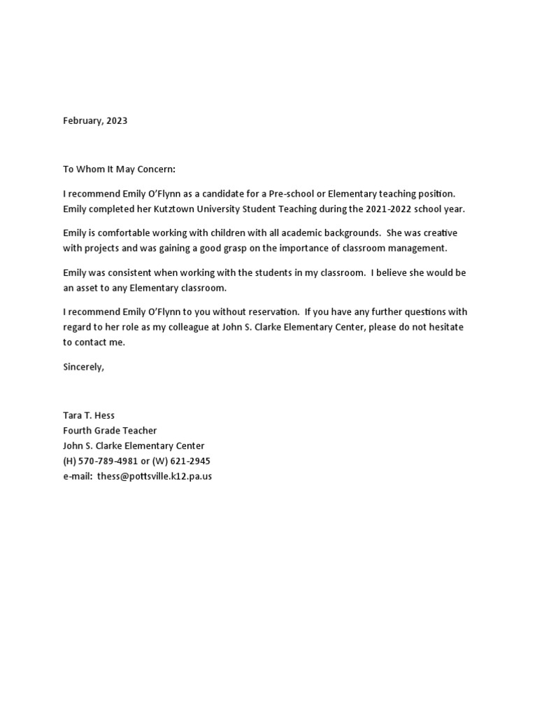 Letter of Recommendation Emily Oflynn | PDF