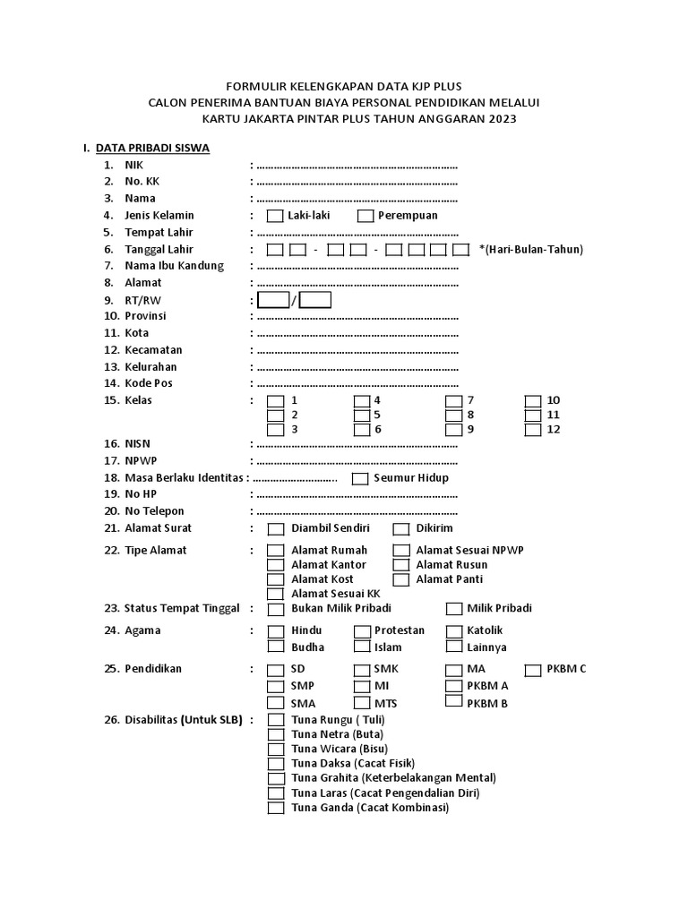Formulir Pendaftaran KJP Plus 2023 | PDF