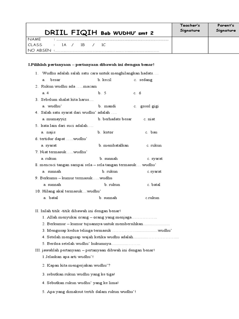 DRIIL FIQIH Bab WUDHU | PDF