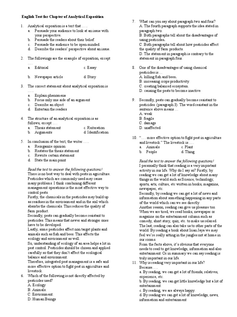 English Test For Chapter of Analytical Exposition | PDF | Pesticide ...