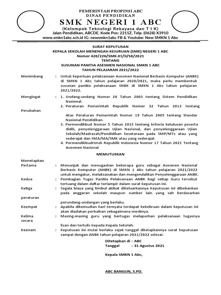 Surat Keputusan (SK) Panitia Asesmen Nasional | PDF