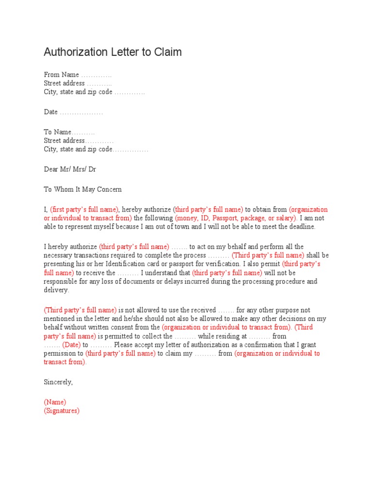 Authorization Letter To Claim | PDF