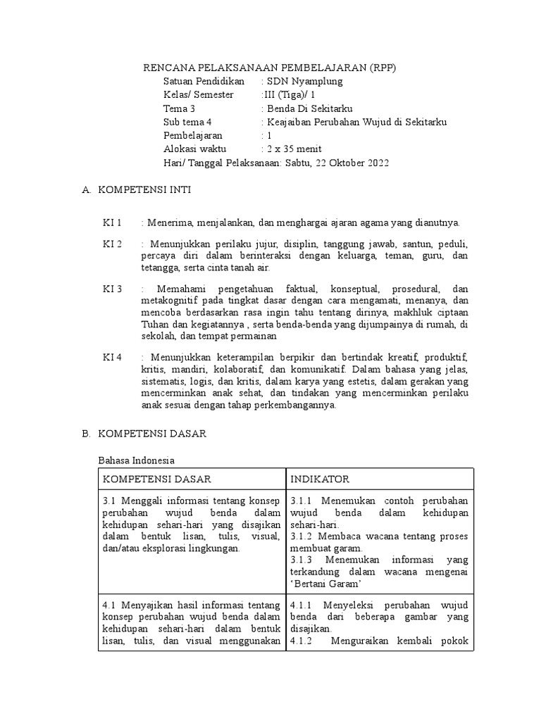 PGTS - RPP Kelas 3 Tema 3 Subtema 4 Pembelajaran 1 | PDF
