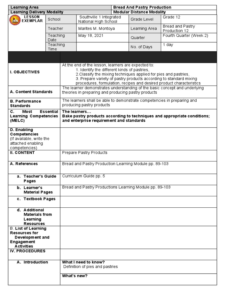 Lesson Exemplar BPP 12-COT 2 | PDF | Cooking | Food And Drink Preparation