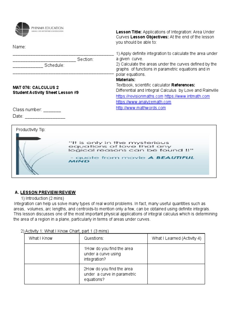 Lesson #9 Area Under A Curve-1 | PDF | Integral | Summation