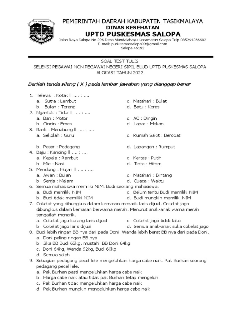 Soal Tes Seleksi Pegawai BLUD 2022 | PDF