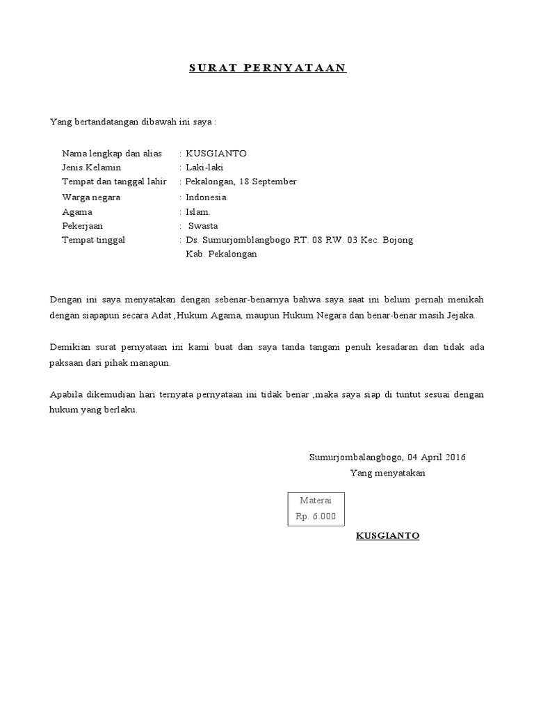 Surat Pernyataan Jejaka | PDF