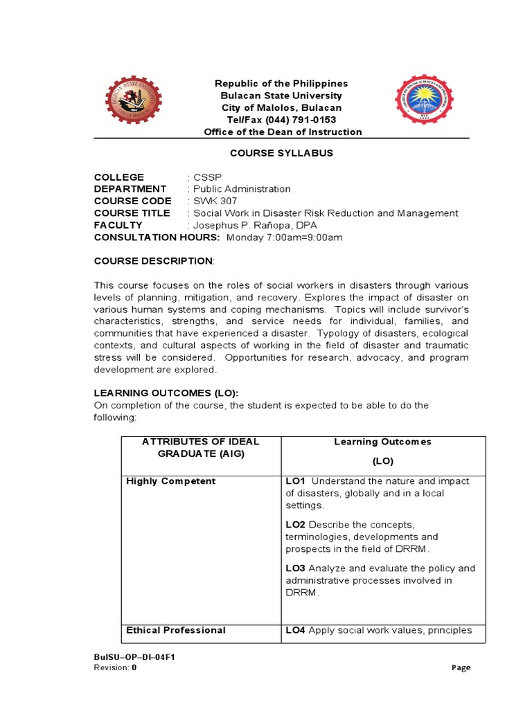 Syllabi For Social Worker in DRRM REVISED | PDF | Emergency Management | Disaster Risk Reduction