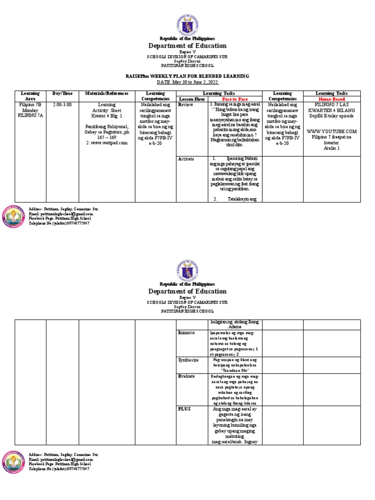 RAISEPlus-WEEKLY-PLAN-FOR-BLENDED-LEARNING - FILIPINO 7 | PDF
