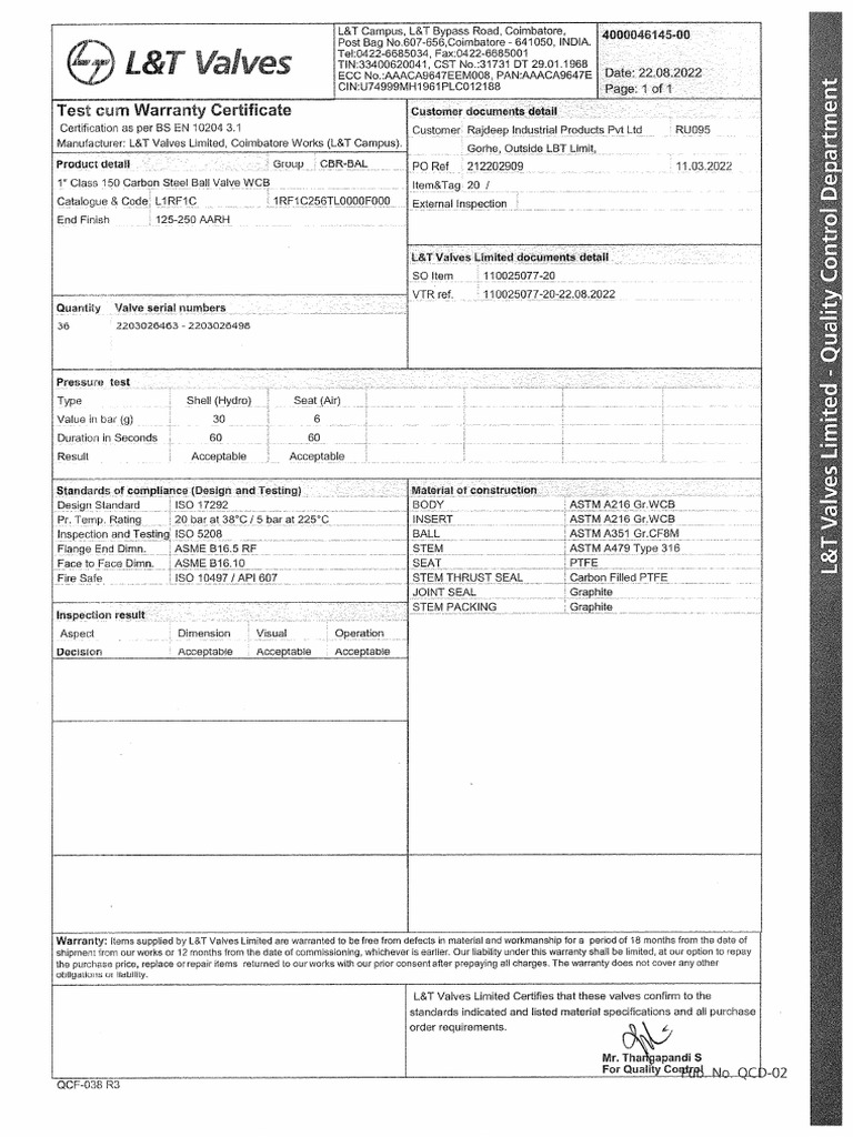 Valve Certificates | PDF