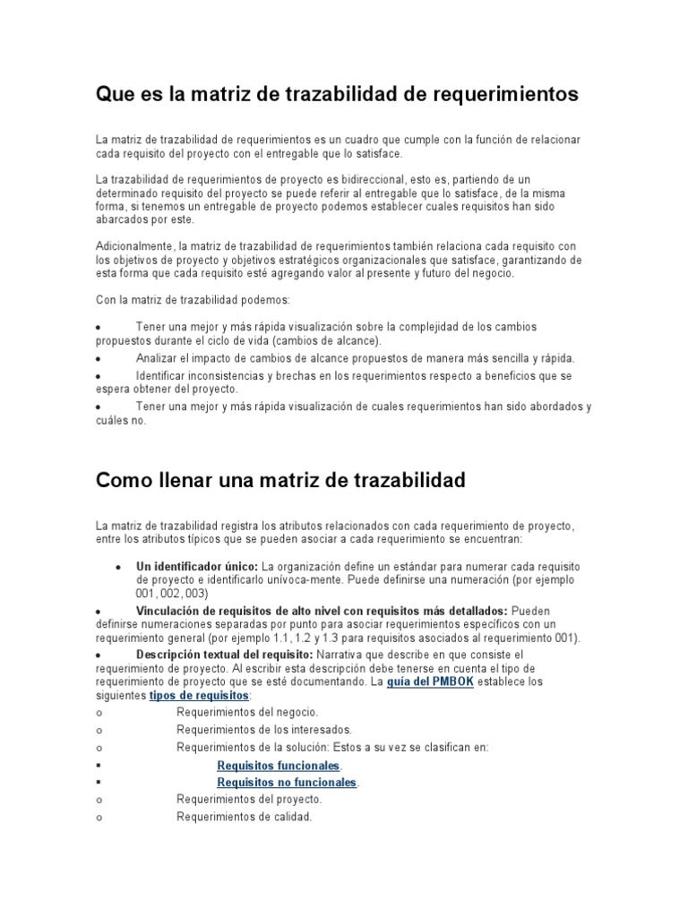Que Es La Matriz de Trazabilidad de Requerimientos | PDF ...