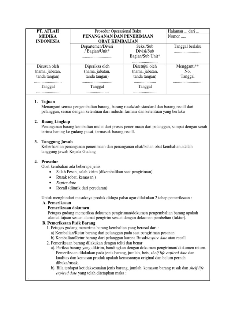 SOP Penanganan Dan Penerimaan Obat Kembalian | PDF