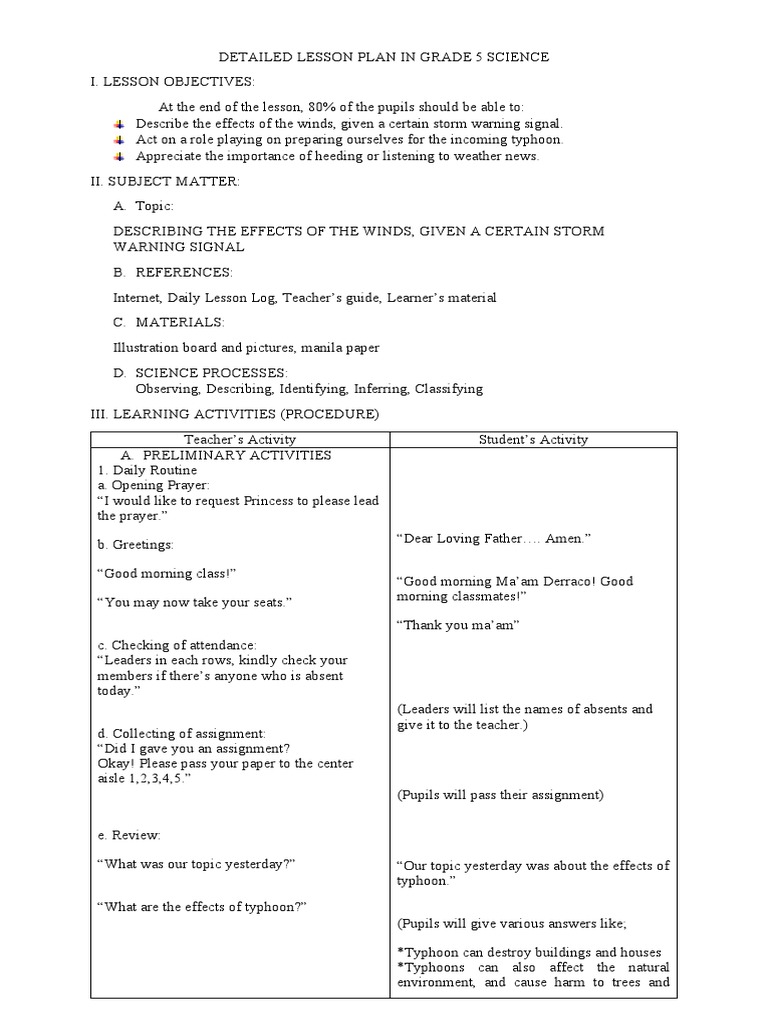 Detailed Lesson Plan in Grade 5 Science | PDF | Tropical Cyclones ...