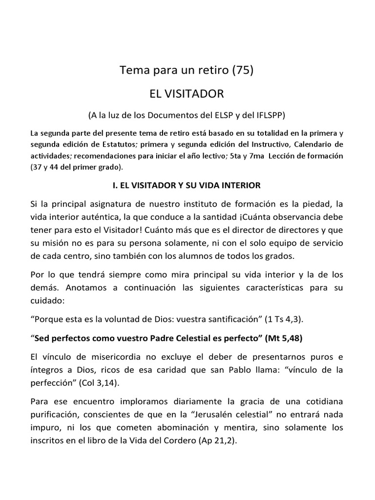 Tema de Retiro 75 El Visitador | Descargar gratis PDF | espíritu Santo | Santificación