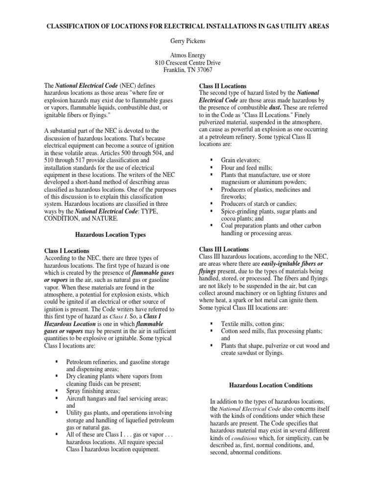 Classification of Locations For Electrical Installations in Gas Utility ...