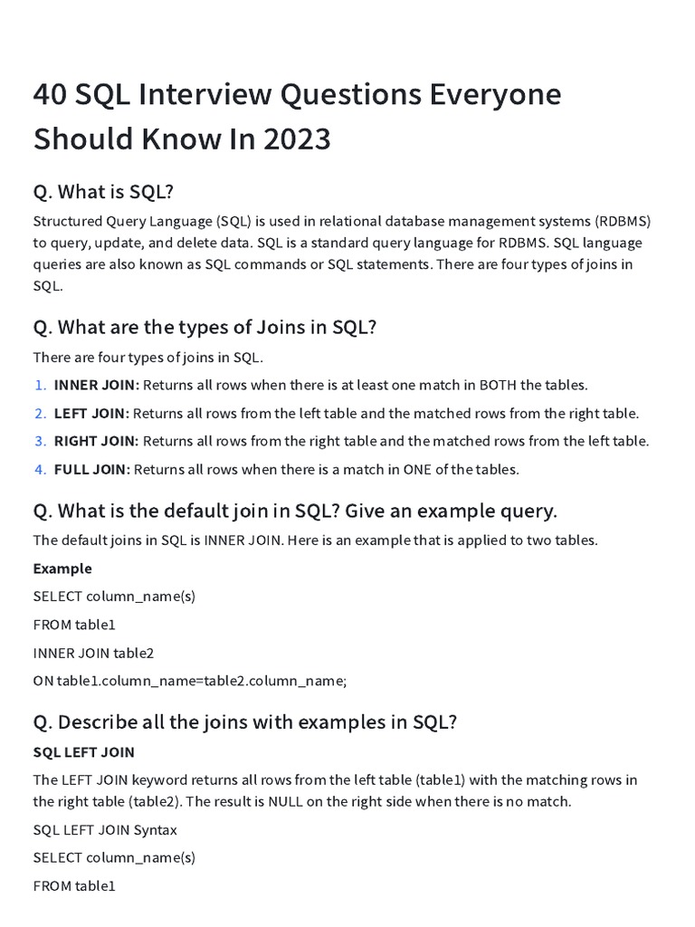 40 SQL Interview Questions Everyone Should Know in 2023 | PDF | Database Index | Databases