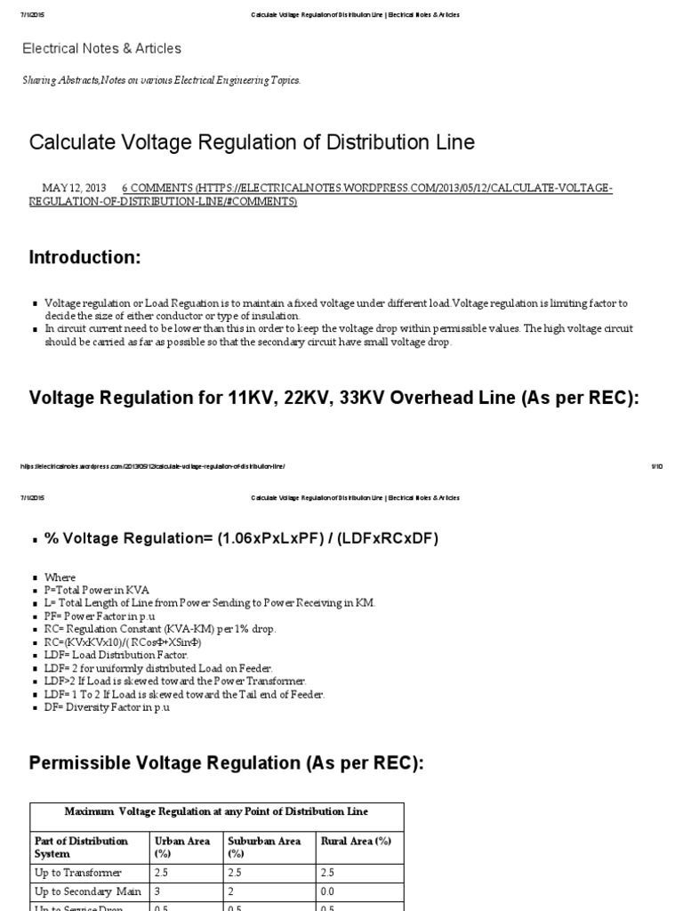 Calculate Voltage Regulation of Distribution Line - Electrical Notes ...