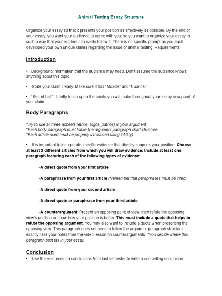 Animal Testing - Essay Structure and Rubric | PDF | Essays | Paragraph