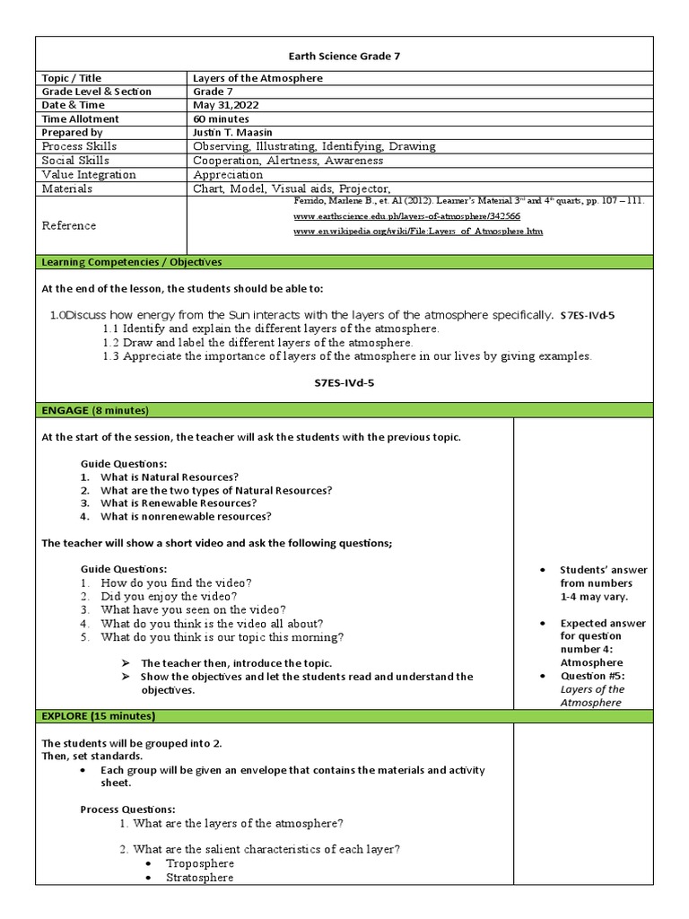 Layers of The Atmosphere Lesson Plan 7e's | Download Free PDF | Equator ...