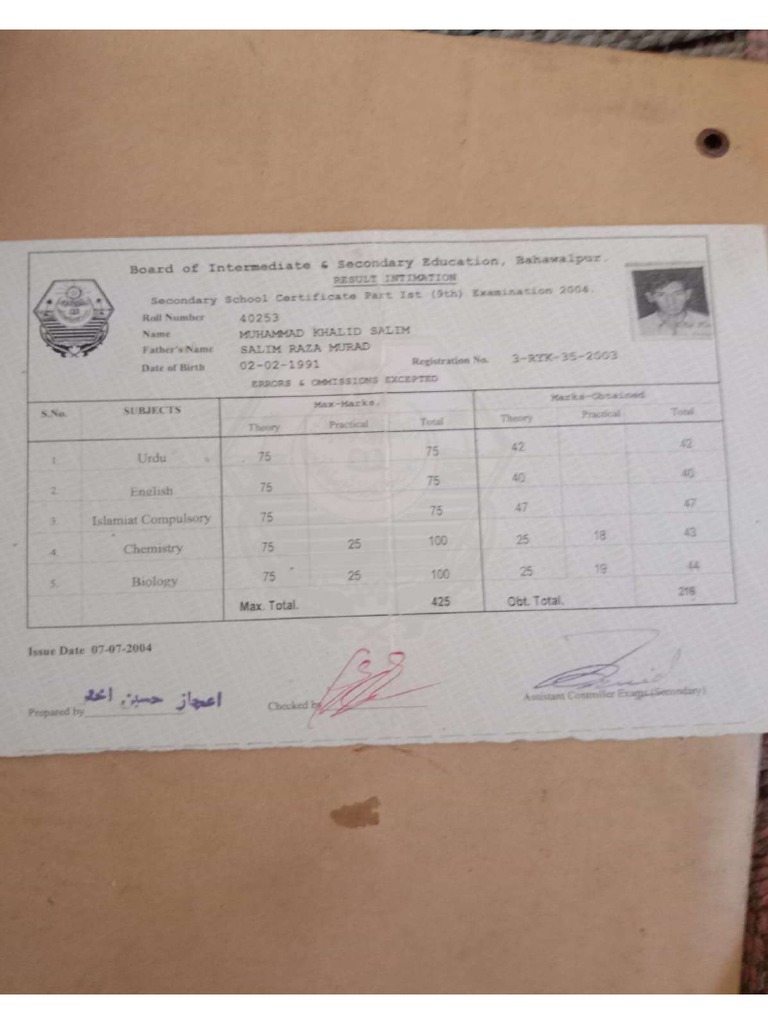 Matriculation Marksheet 2005 BWP Board | PDF