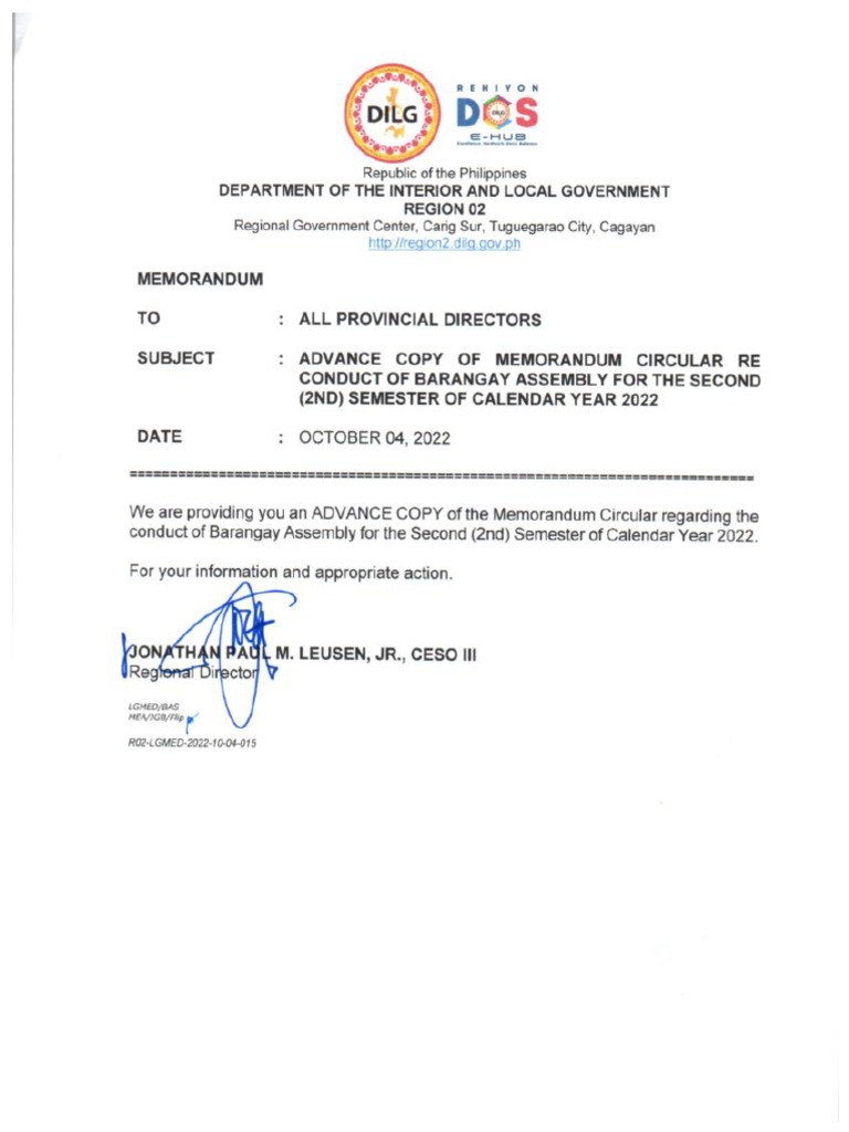 Memo Re Advance Copy of Memorandum Circular Re Conduct of Barangay ...