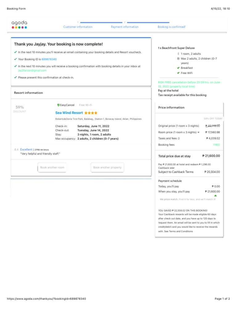 Agoda Seawind Resort Booking | PDF | Credit Card | Payments