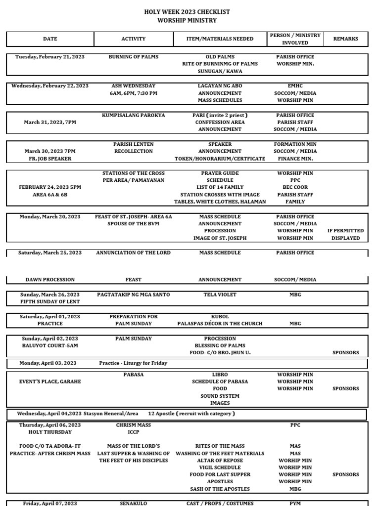 Ate Aurea Dimson Holy Week Checklist | PDF | March Observances ...