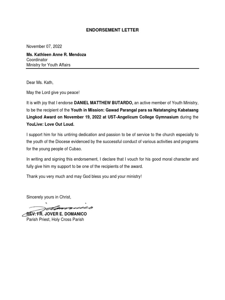 Endorsement Letter - Daniel Matthew Butardo | PDF