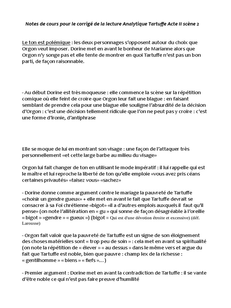 L.A Tartuffe Acte II Scène 2 Corrigé Questions | PDF | Arts du langage ...