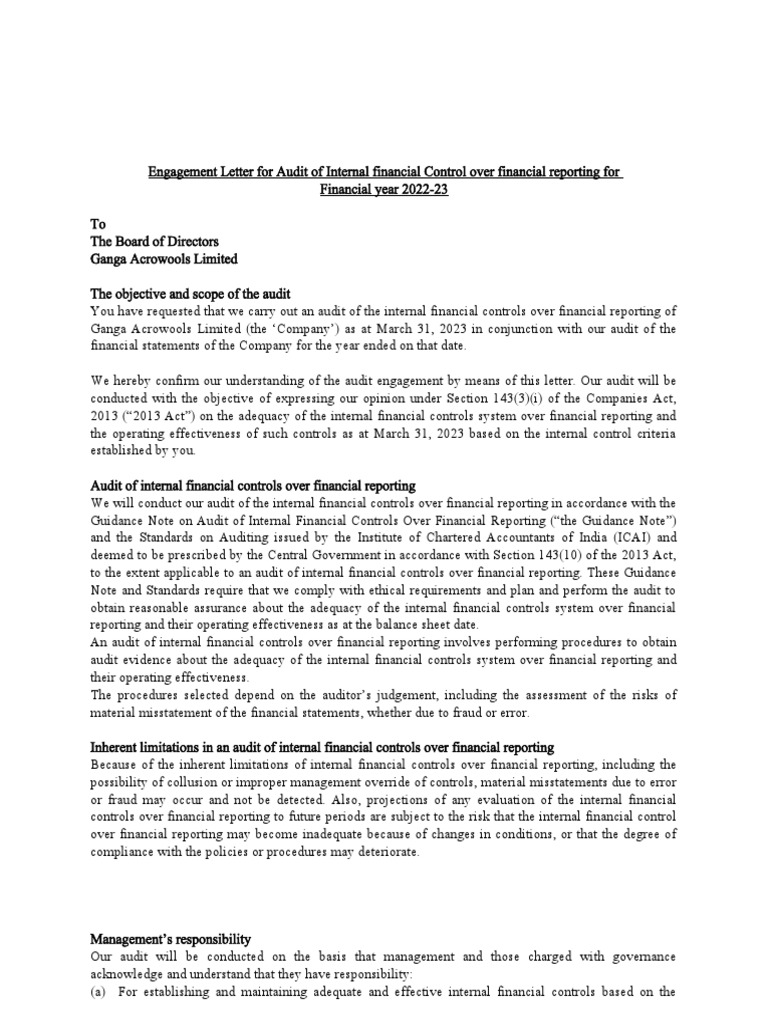 A.8.2 Engagement Letter 31032023 - IFC | PDF | Internal Control | Audit