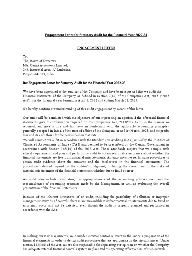 A.8.1 Engagement Letter 31032023 - Statutory Audit | PDF | Audit ...