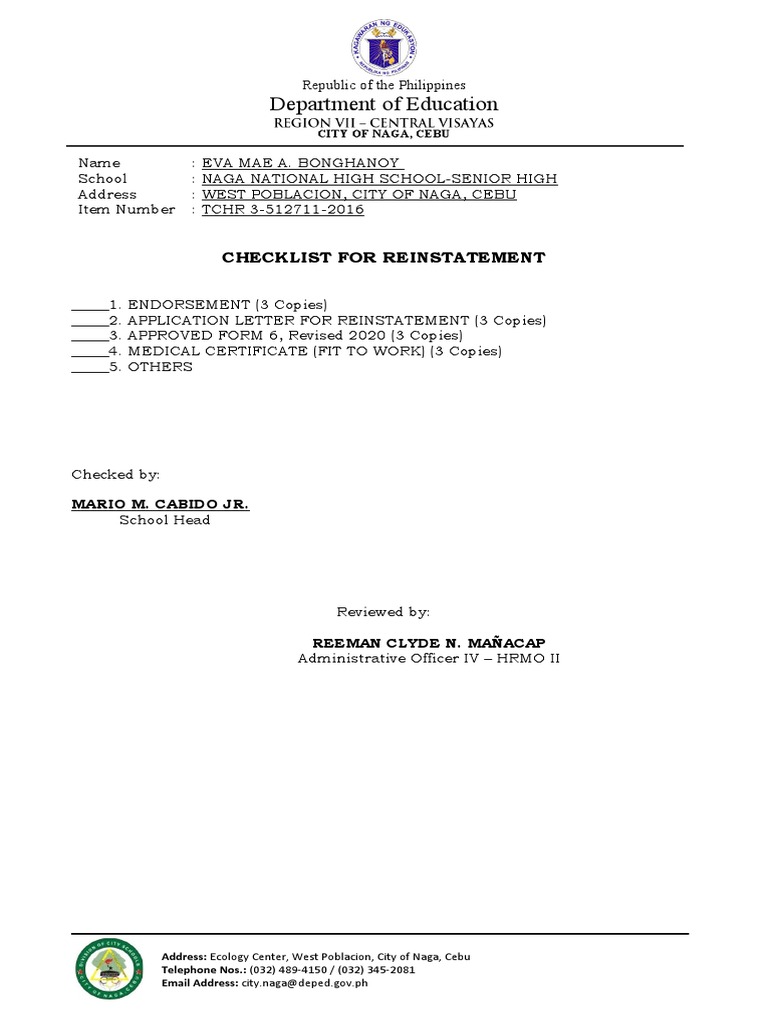 Checklist for Teacher Reinstatement | PDF | Career & Growth