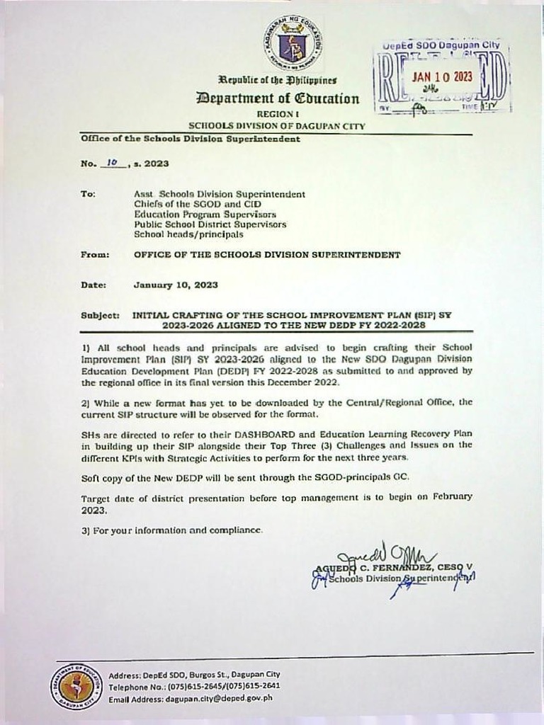 DIV MEMO NO 010 s2023 INITIAL CRAFTING OF THE SCHOOL IMPROVEMENT PLAN ...