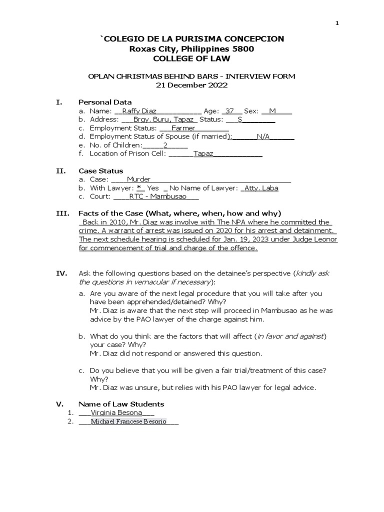 XMAS BEHIND BARS INTERVIEW FORM Sample | PDF | Arrest | Detention ...