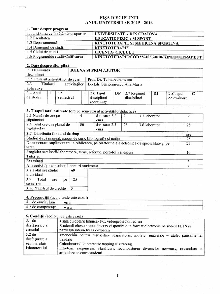 Fisa Disciplinei An I | PDF