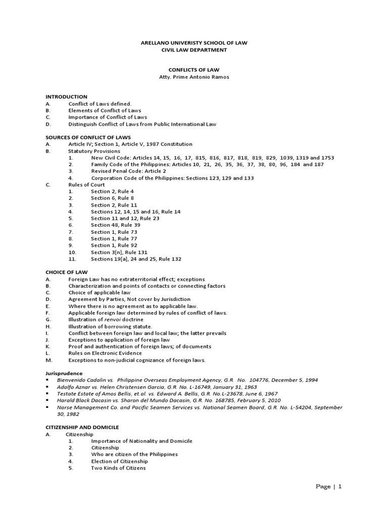 Conflict of Laws Course Outline | PDF | Annulment | Trademark