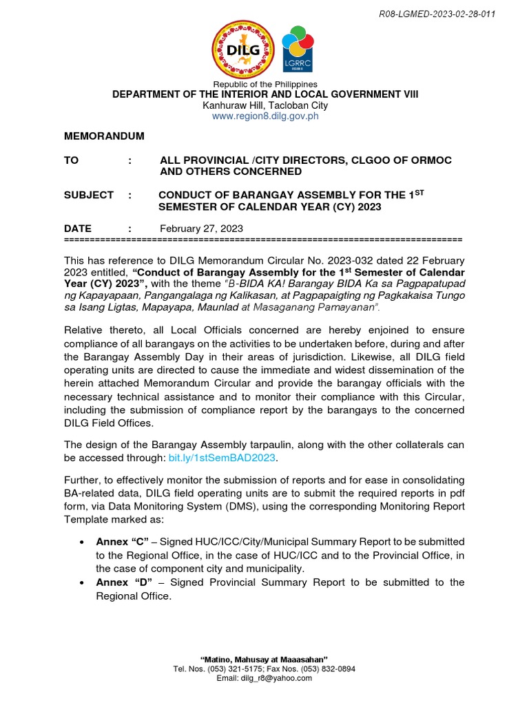 r08 2023 02-28-048 Ro Memo Re Conduct of Barangay Assembly For The 1st ...