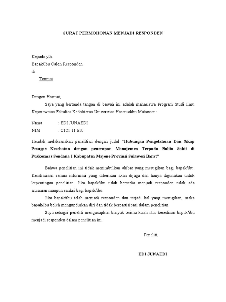 SURAT PERMOHONAN MENJADI RESPONDEN OK Model Unhas | PDF