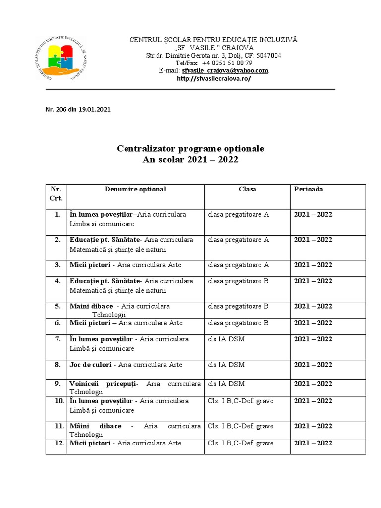 Centralizator Optionale 2021-2022 | PDF