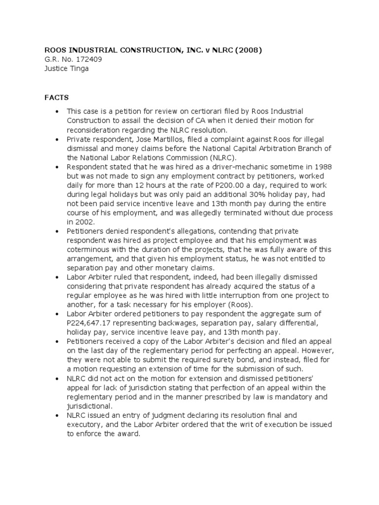 ROOS INDUSTRIAL CONSTRUCTION V NLRC | PDF | Appeal | Judgment (Law)