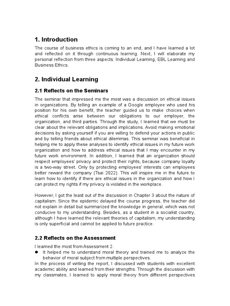Learning Reflective Journal | PDF | Business Ethics | Utilitarianism