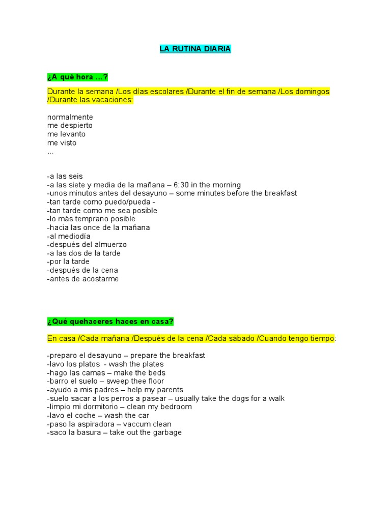 Rutina Diaria | PDF | Cocina, comidas y vino