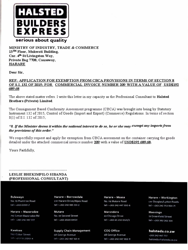 Cbca Exemption Application-Invoice 209 | PDF