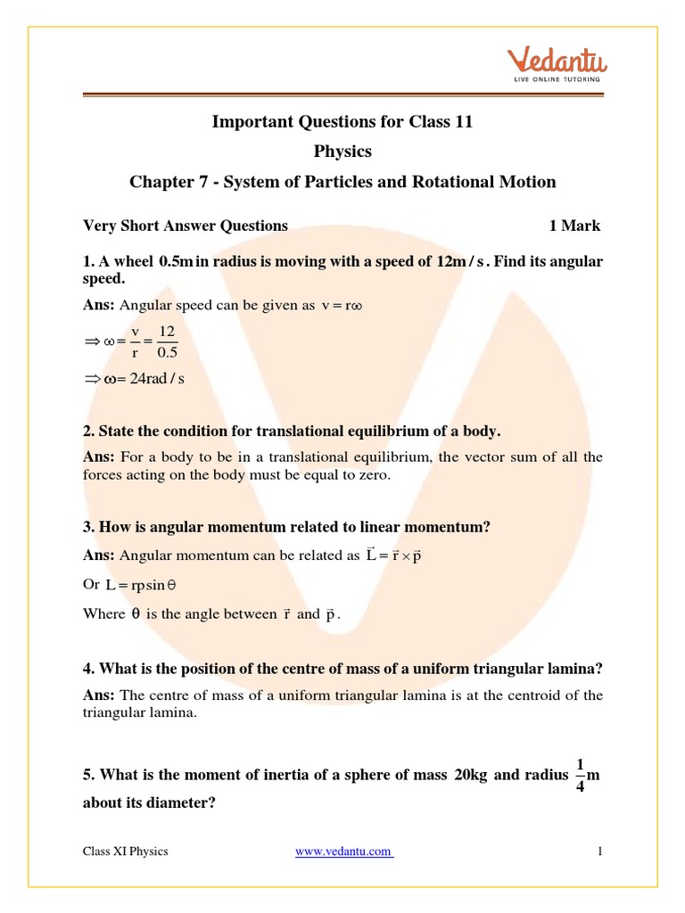 Important Questions for Class 11 Physics: Insights into Rotational ...