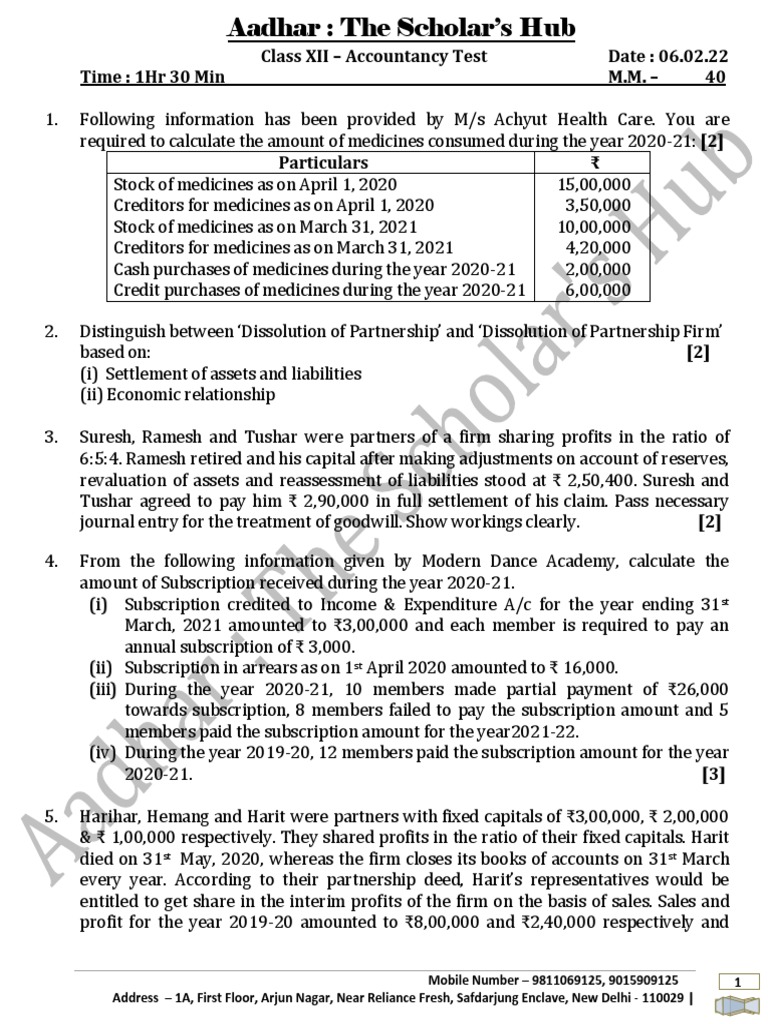 XII Accounts Test With Solution | PDF | Balance Sheet | Private Sector